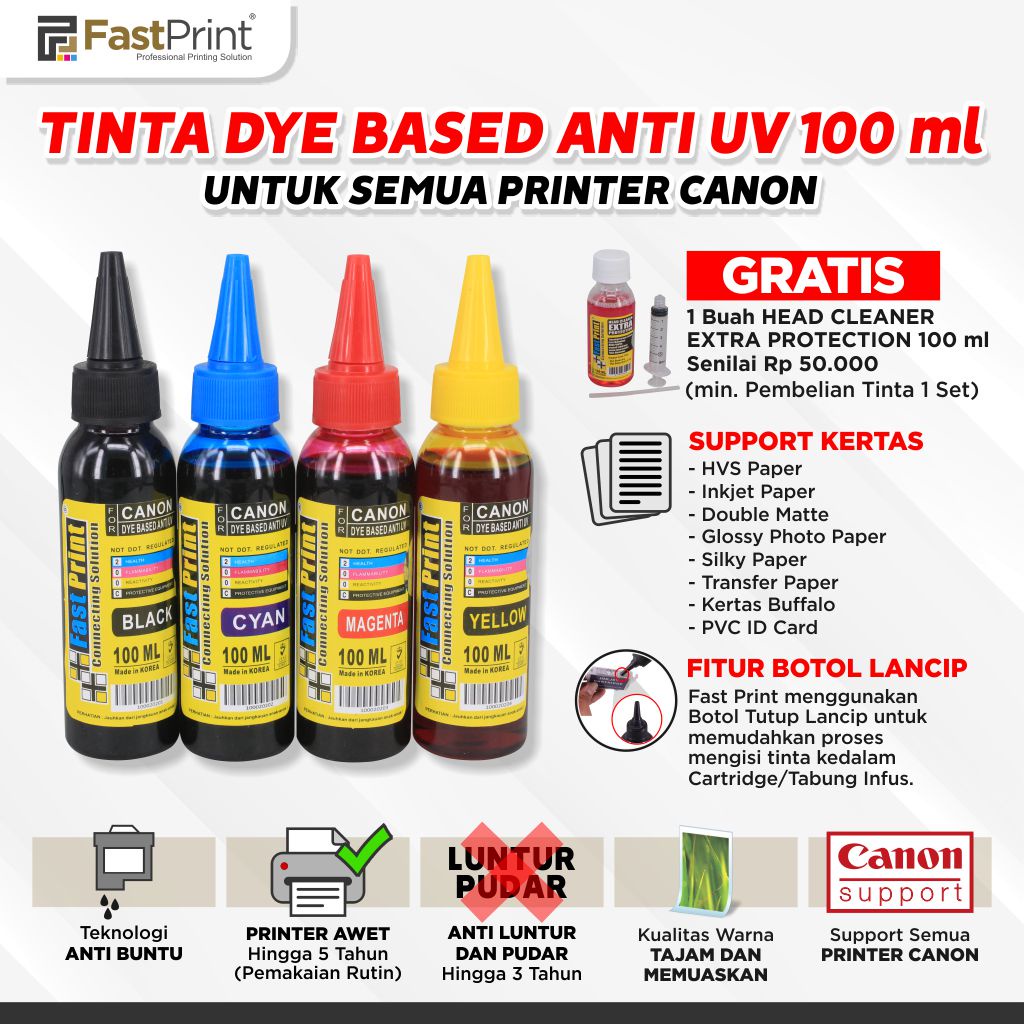 Jual Tinta Dye Based Anti UV 100ML Printer Canon Ink Refill 100ML ...