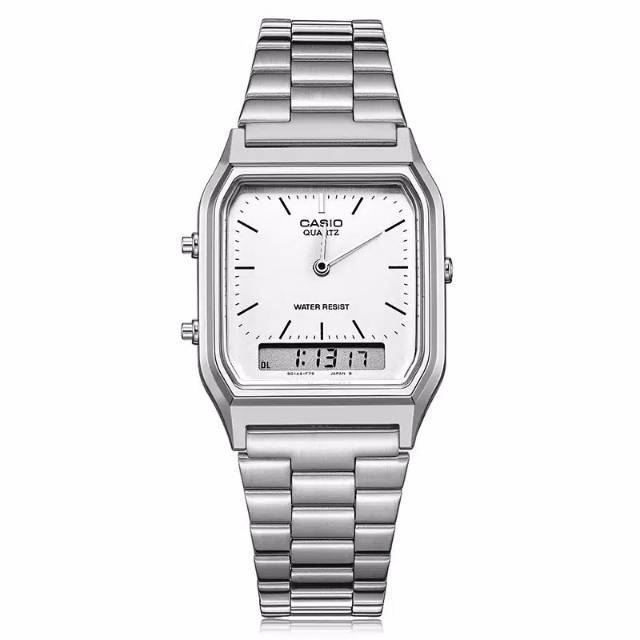 Jual JAM TANGAN PRIA WANITA CASIO DIGITAL AQ 230 RANTAI STAINLESS DUALTIME | Shopee Indonesia