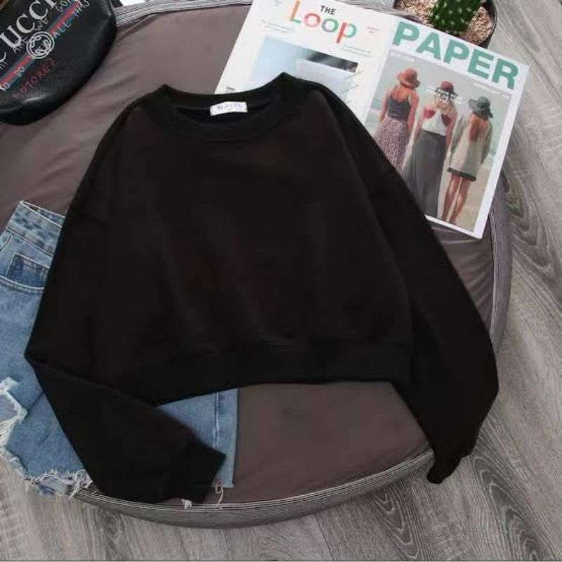 Jual READY sweater crop top oversize polos warna hitam bahan fleece ...