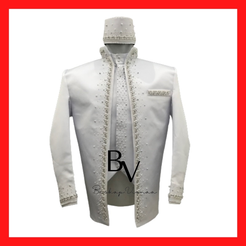 Jual Beskap Basofi Akad Pengantin Pria Putih Motif Parel Mutiara ...