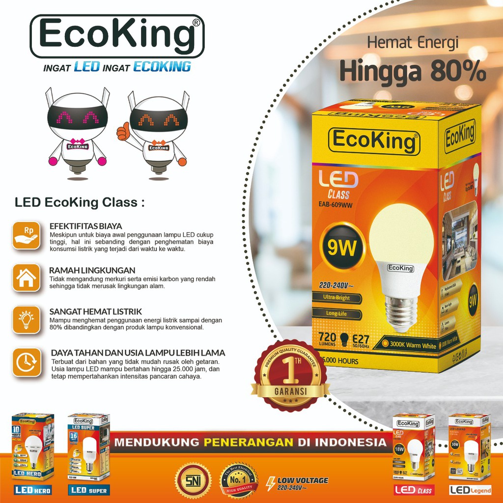 Jual LED BULB ECOKING CLASS 9W kuning /LAMPU LED / LED MURAH / LAMPU ...