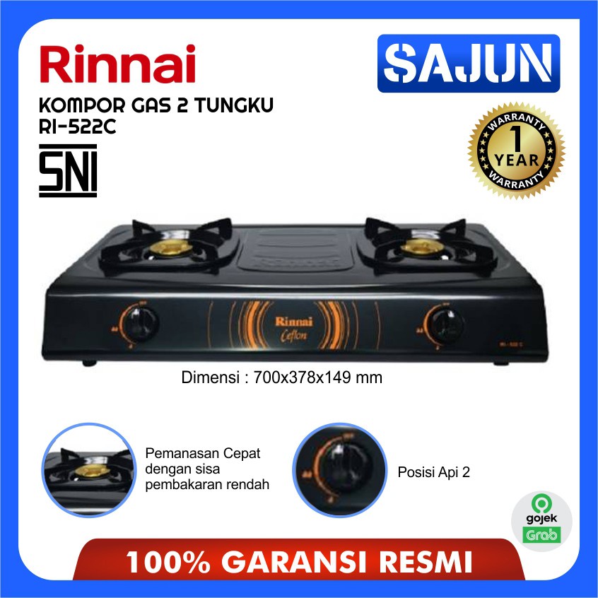 Jual Rinnai Kompor Gas 2 Tungku RI-522C Teflon Kuningan-Kompor Rinai ...