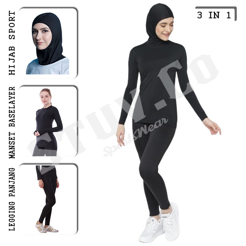 Jual 3IN1 STELAN OLAHRAGA WANITA BASELAYER JARI THUMBHOLE LEGGING PANJANG DAN KERUDUNG HIJAB ...