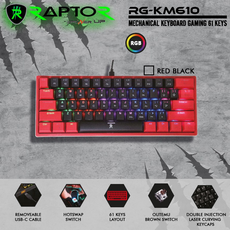 Jual Keyboard Mecha Hotswap Outemu BrownSwitch 61 Keys RGB Raptor KM610 ...