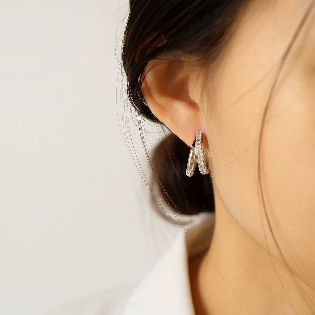 Jual Zirconia Gem Double Stud Hoop Earrings — 18K Gold Plated Silver ...