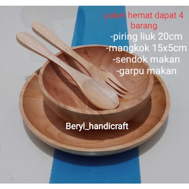 Jual (paket hemat)set piring kayu 20cm+mangkok 15x6 dan sendok garpu ...