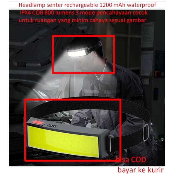 Jual Headlamp senter rechargeable 1200 mAh waterproof IPX4 COB 800 ...