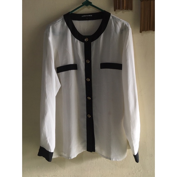 Jual Kemeja sifon putih list hitam | Shopee Indonesia