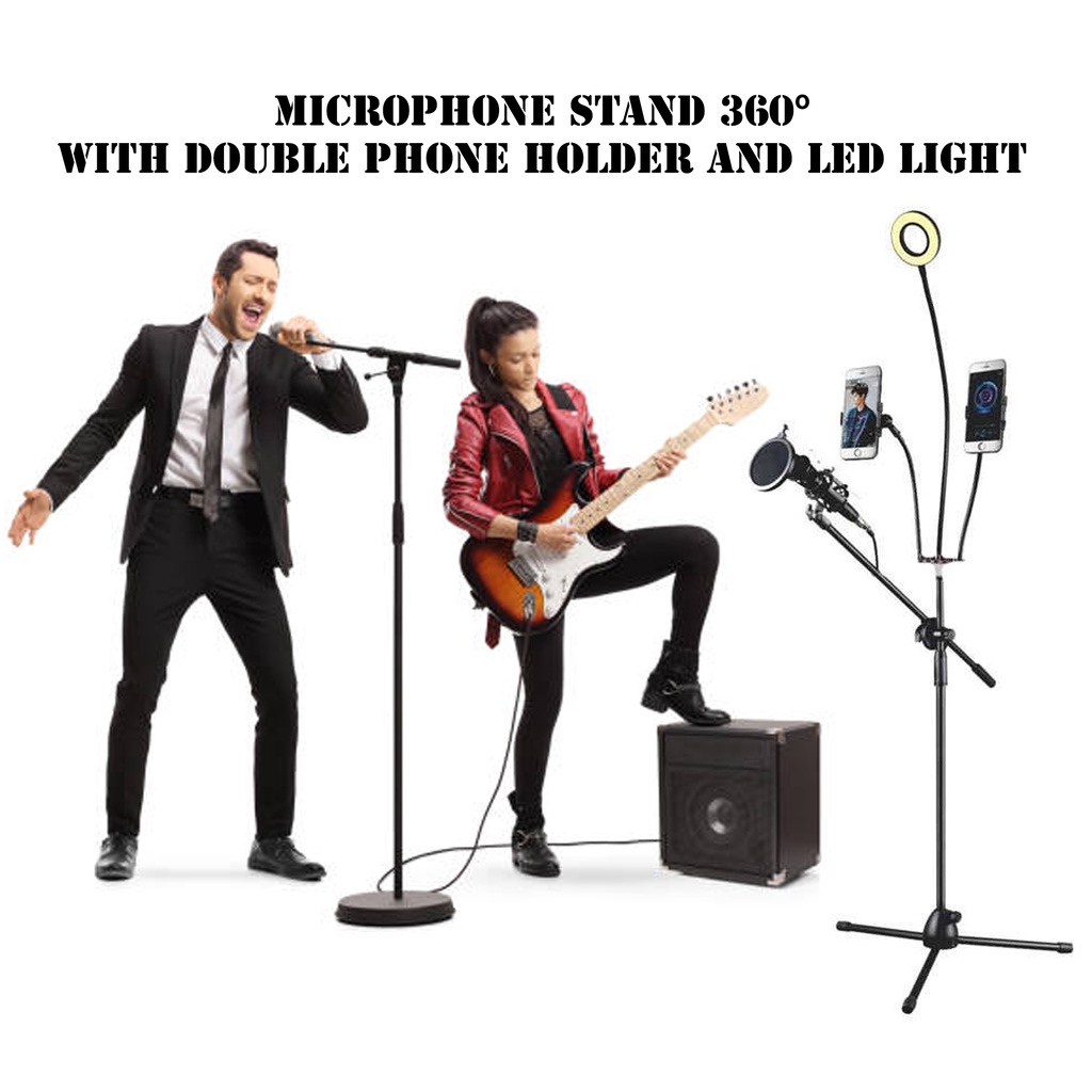 Jual Microphone Stand 360 Degree Mic Mount With Phone Holder LED Light ...