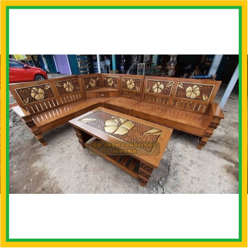 Jual Set meja kursi sudut untuk ruang tamu ukir motif bunga kayu jati ...