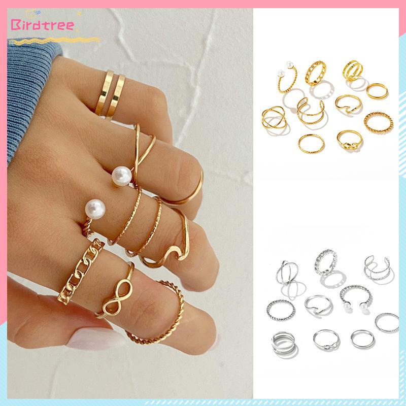 Jual COD 10 Pcs/Set Cincin Korea Mutiara Jari Aneka Bentuk Warna emas Silver untuk Wanita / Pria ...