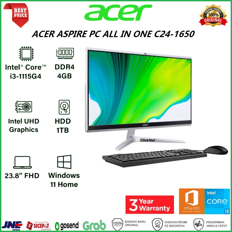 Jual ACER PC ALL IN ONE C24-1650 AIO i3-1115G4/4GB/ 512GB SSD/ 23,8 ...