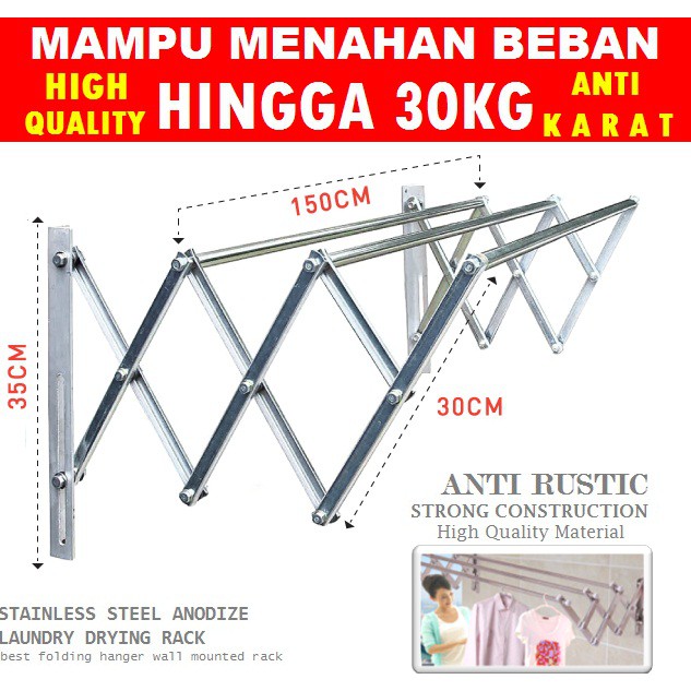 Jual Jemuran Dinding Lipat Stainless 150cm 3 tier drying rack 1,5m ...