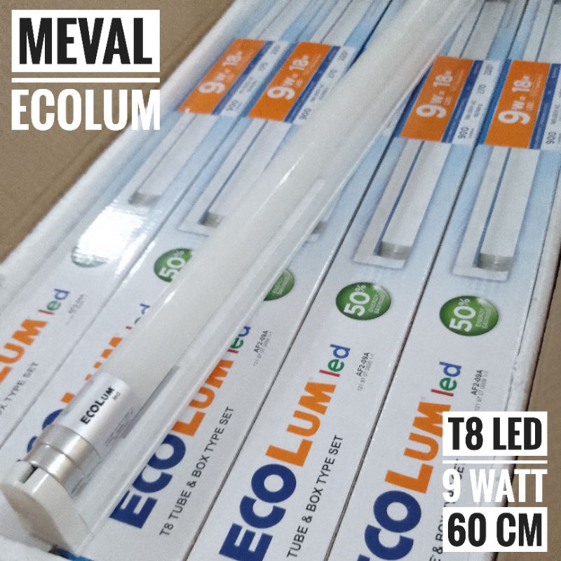 Jual 1 Set Lampu TL LED T8 + Kap 9 Watt 9w MEVAL Ecolum 60cm SNI - Putih | Shopee Indonesia
