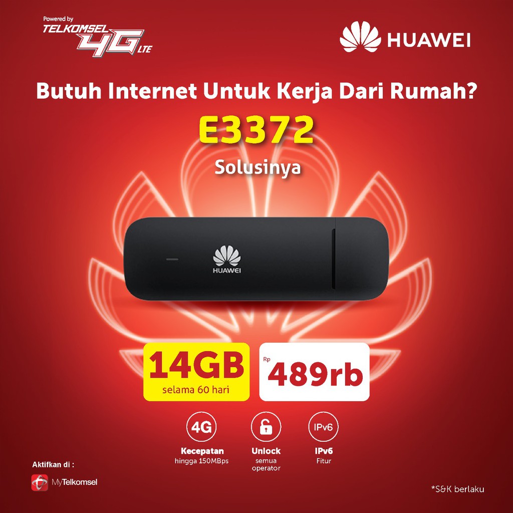 Jual Modem USB 4G LTE Huawei E3372 Unlock Free Telkomsel 14gb 2 Bulan ...