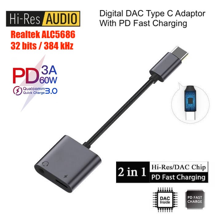 Jual Enhanced Adaptor 2 in 1 Hi Res DAC Type C To 3.5mm With PD Fast ...