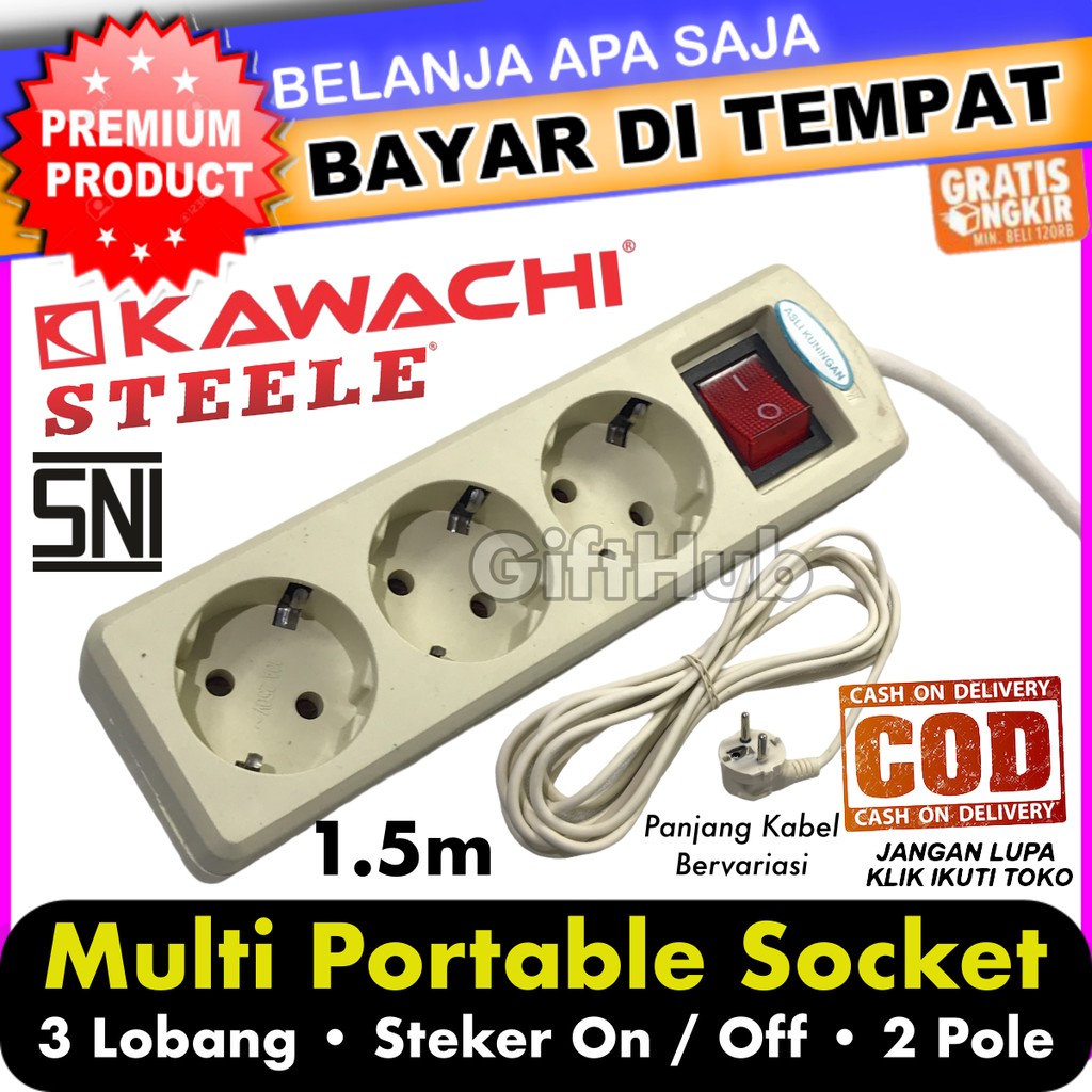 Jual KAWACHI STEELE STOP KONTAK / COLOKAN LISTRIK 3 POLE LUBANG LOBANG ...