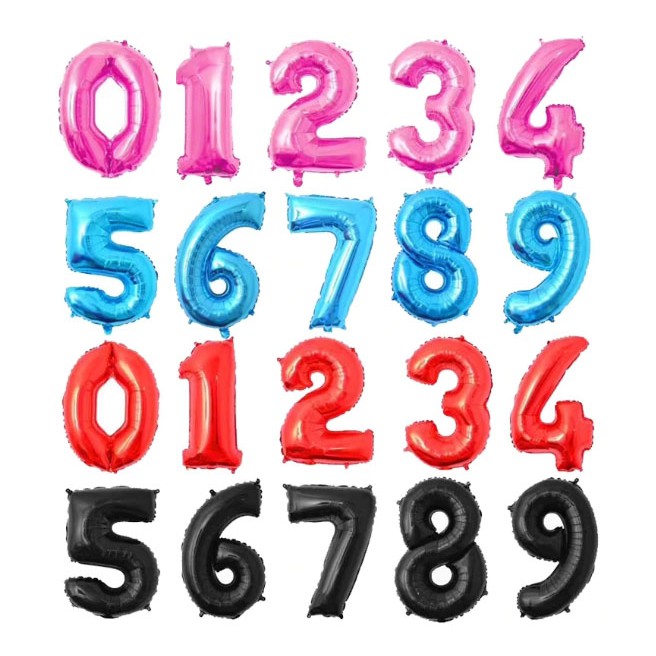Jual Balon Foil Angka Hitam Merah Biru Pink Polos ukuran 18 inch ...