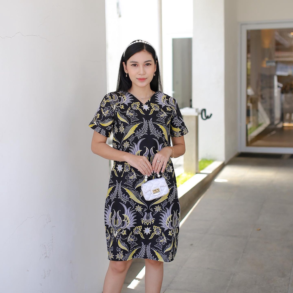 Jual Benang Raja Dress Batik Wanita Lengan Pendek Motif Mahkota Padi ...