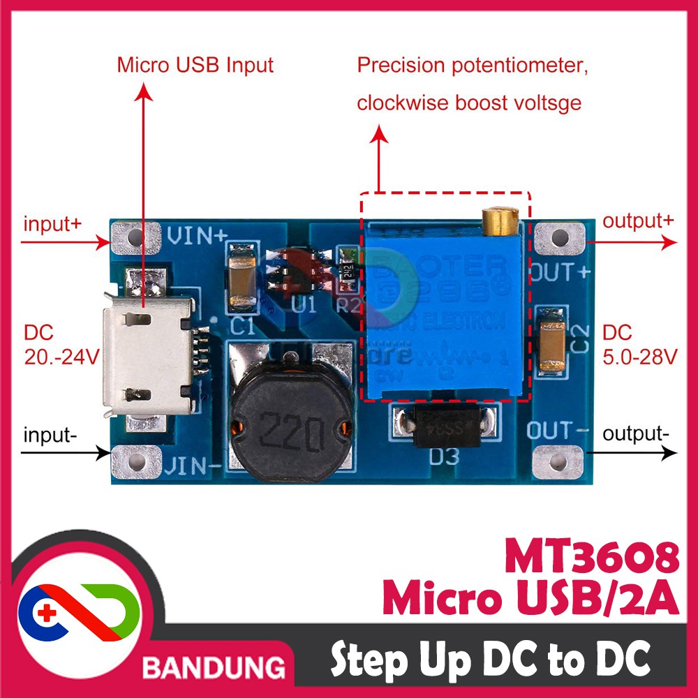 Jual MT3608 ADJUSTABLE STEP UP BOOST DC MICRO USB 2A 2V-24V TO 5V-28V | Shopee Indonesia