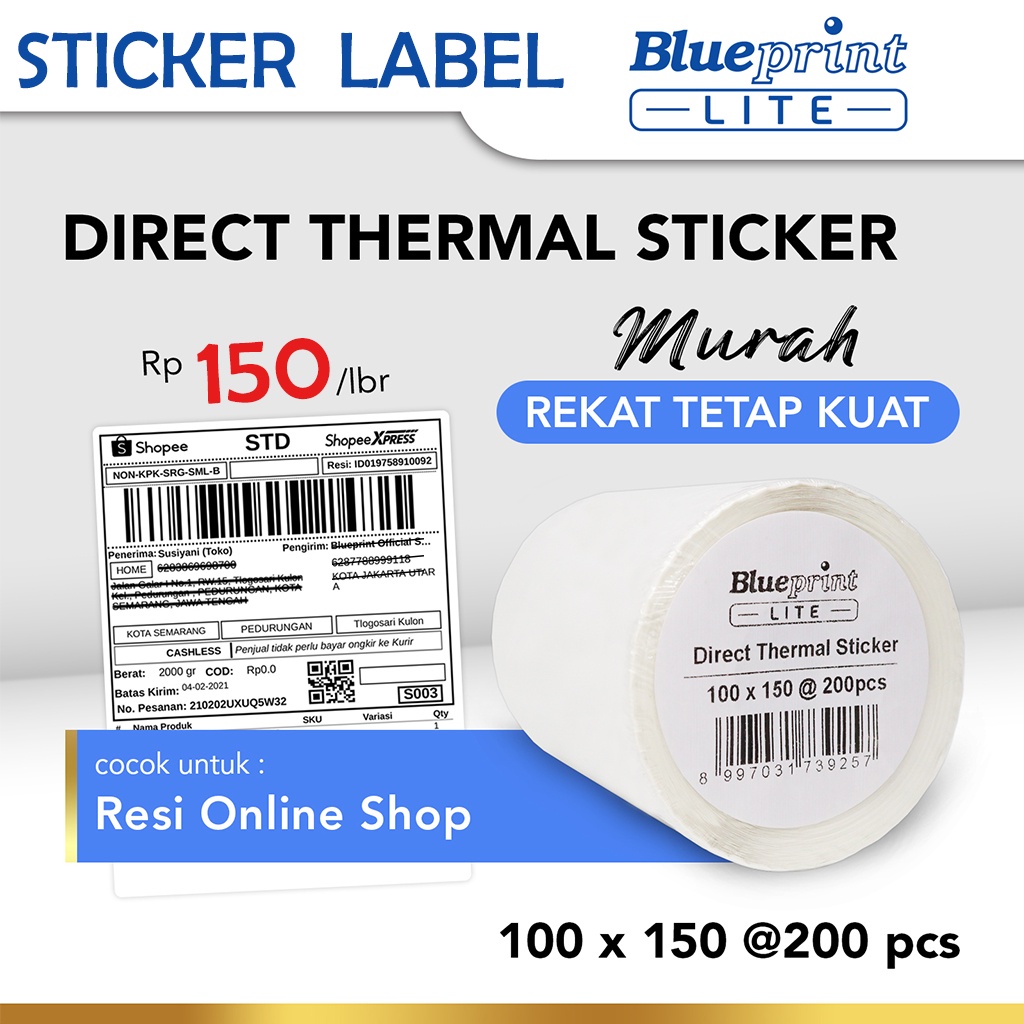 Jual KERTAS LABEL THERMAL LITE 100X150MM isi 200 DTS STIKER LABEL RESI ONLINE SHOP / EKSPEDISI ...