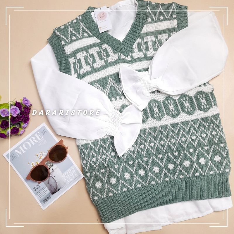 Jual Momo Set 5in1 Blouse + Vest rajut + Rok plisket + Hijab Bella OOTD ...