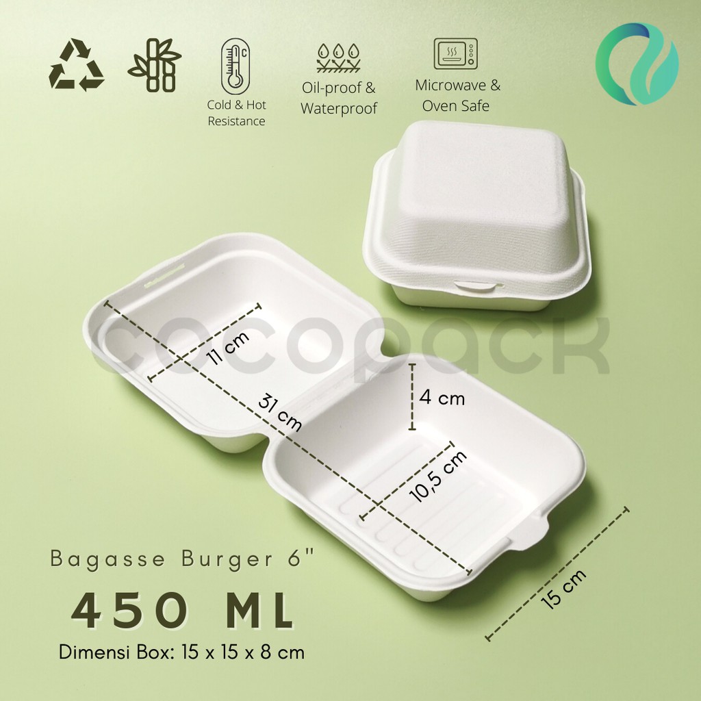 Jual Bagasse Clamshell 6 inch Burger Box 450ml White - 25 Pcs | Shopee ...