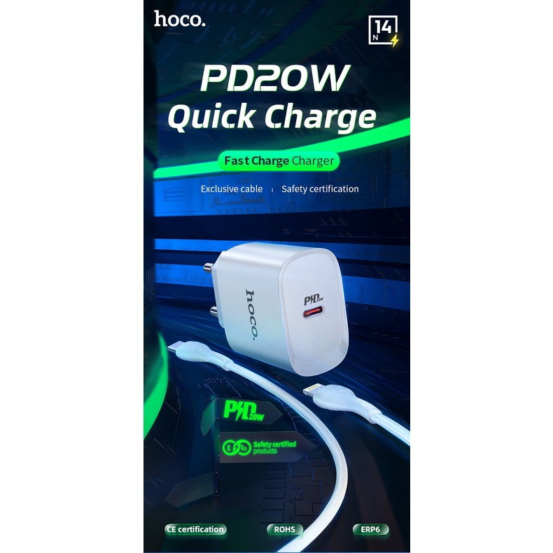 Jual HOCO N14 smart charging single port PD20w charger set (type-C to Lightning) (EU) | Shopee ...