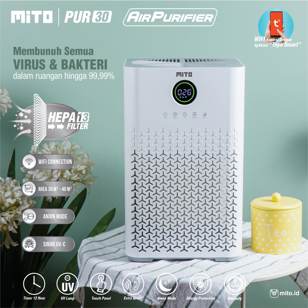 Jual Mito Air Purifier PUR30 Alat Pembersih Udara with HEPA13 Filter, Sinar UV-C, Alergy ...