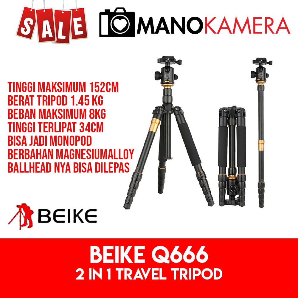 Jual Beike Q666 Travel Tripod Monopod 2in1 with Ballhead ORIGINAL FREE TAS | Shopee Indonesia