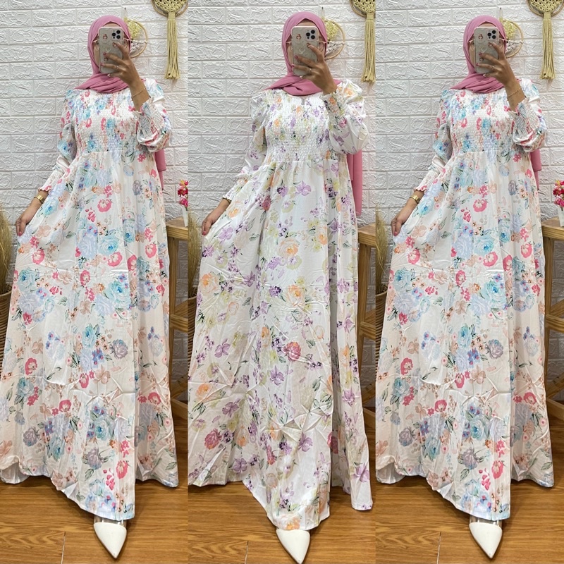 Jual Nanifah dress // gamis import // gamis smoke bunga | Shopee Indonesia