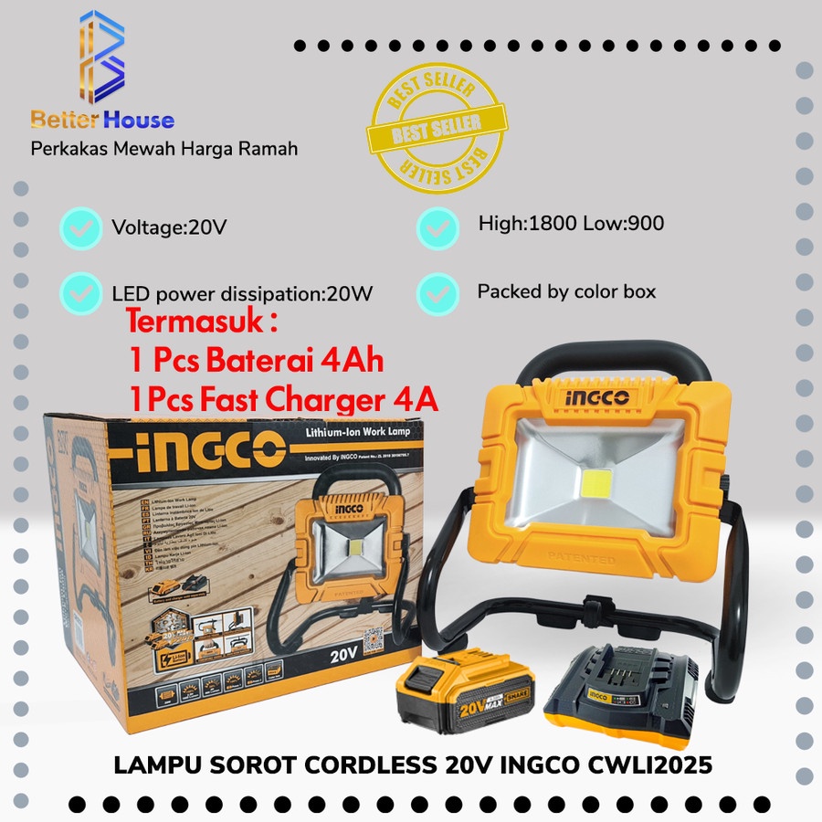 Jual LAMPU SOROT CORDLESS P20S 20V LAMPU KERJA INGCO CWLI2025 BC4A FLEX ...