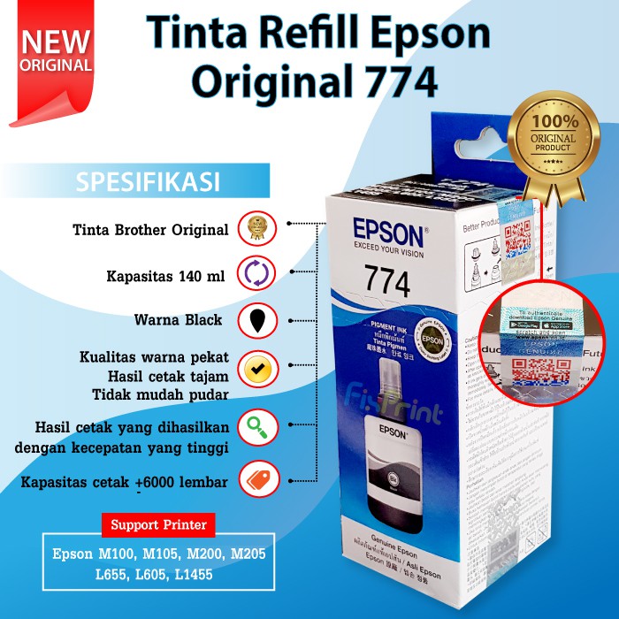 Jual Tinta Printer Epson 774 Black Original Pigmen 140ml T774 T7741 ...