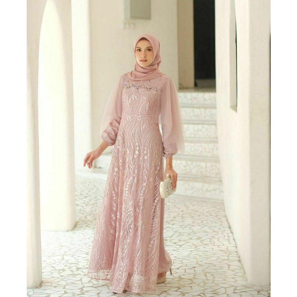Jual Luna Dress Tile Gamis Pesta Brukat Baju Kondangan Wanita Fashion Muslim Gaun Maxi Brokat ...