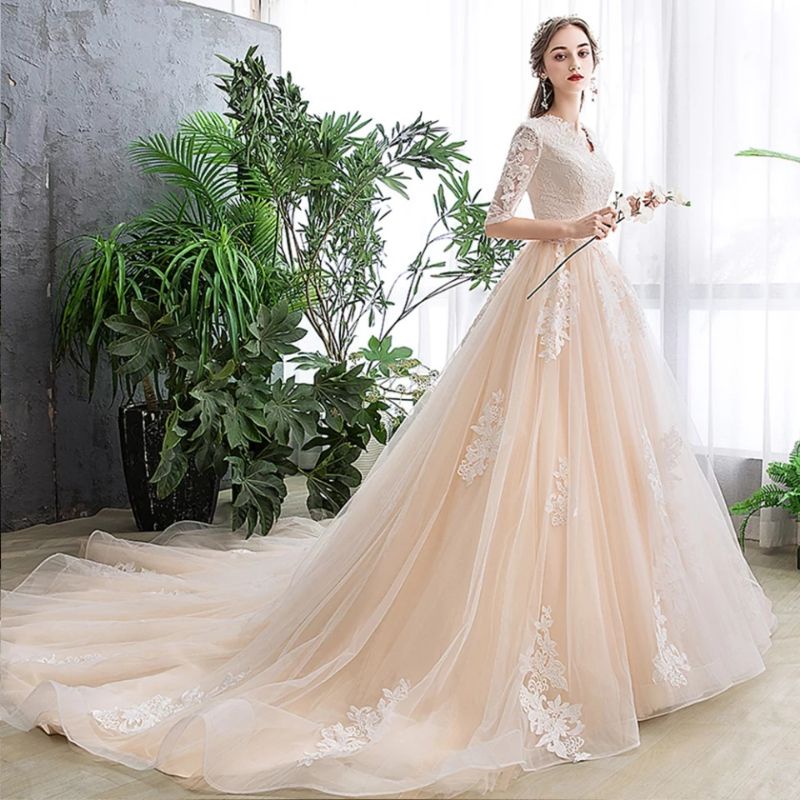 Jual Gaun Wedding Champagne Ivory Wedding Dresses Lace Applique Half ...