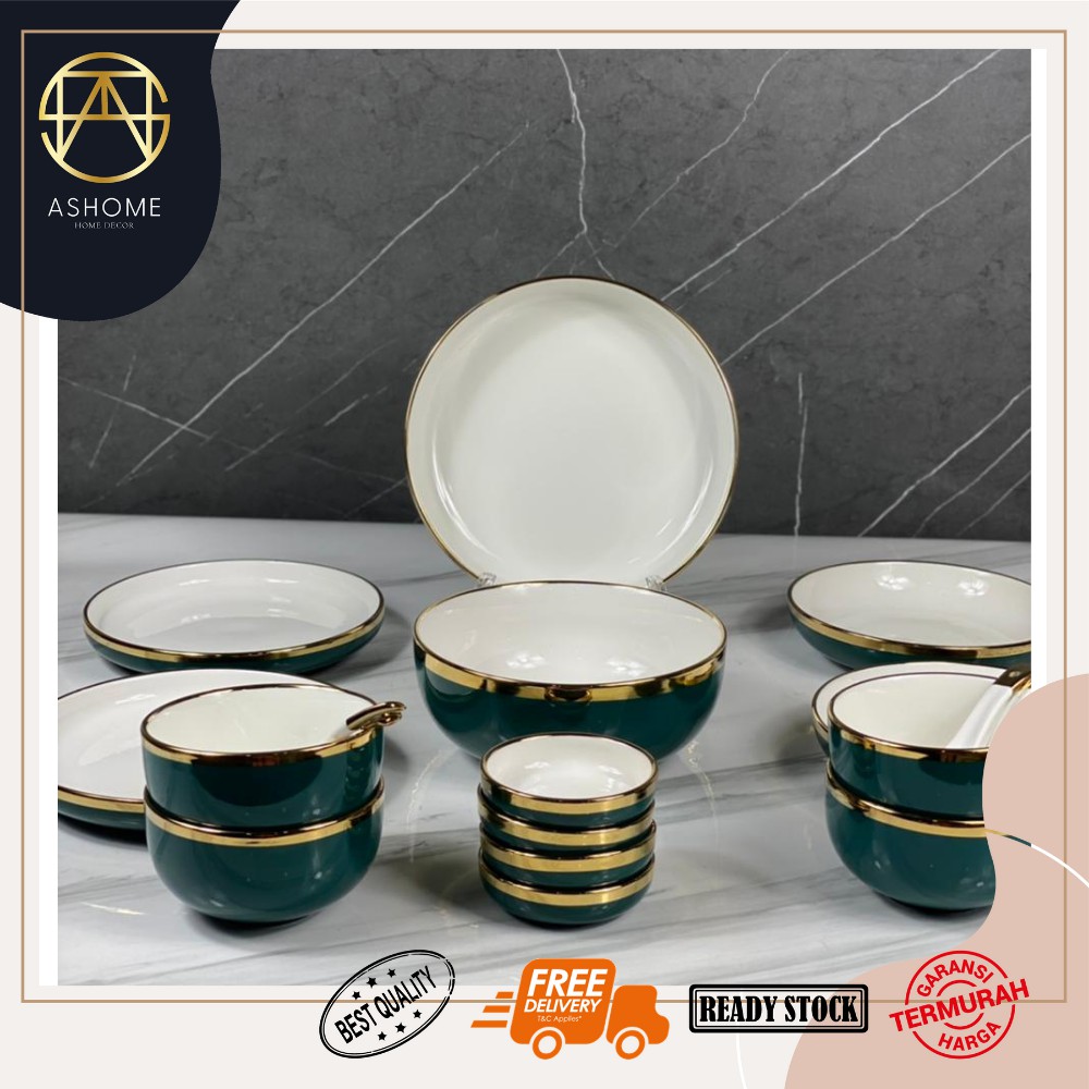 Jual ASHOME Piring Set 4 Orang Piring Makan Set Keramik Green White Isi ...
