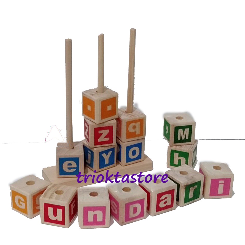 Jual Mainan Edukasi Anak Menara Balok Susun Kayu Pinus Angka Abjad ...