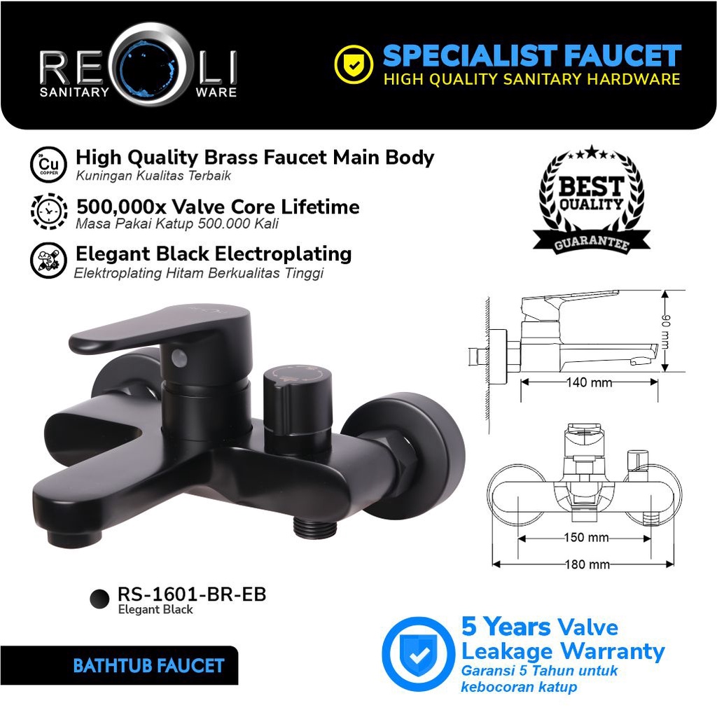 Jual REOLI Keran Bathtub Mixer Shower Panas Dingin Kuningan Hitam 1601 ...