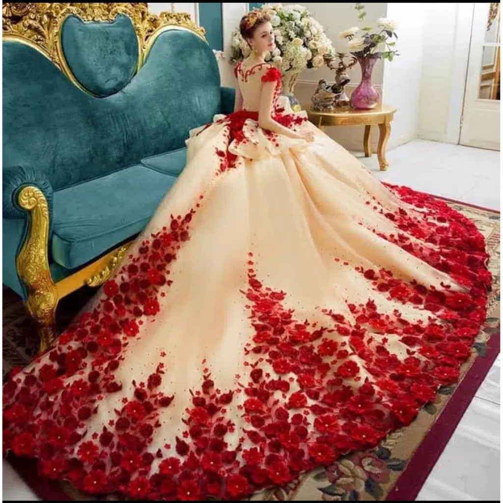 Jual Gaun pengantin bunga ivory-merah full bunga elegan | Shopee Indonesia