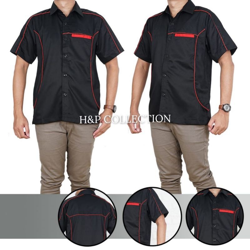 Jual DNL 054 Kemeja Seragam Kerja Pria Hitam Lis Merah | Baju Seragan ...