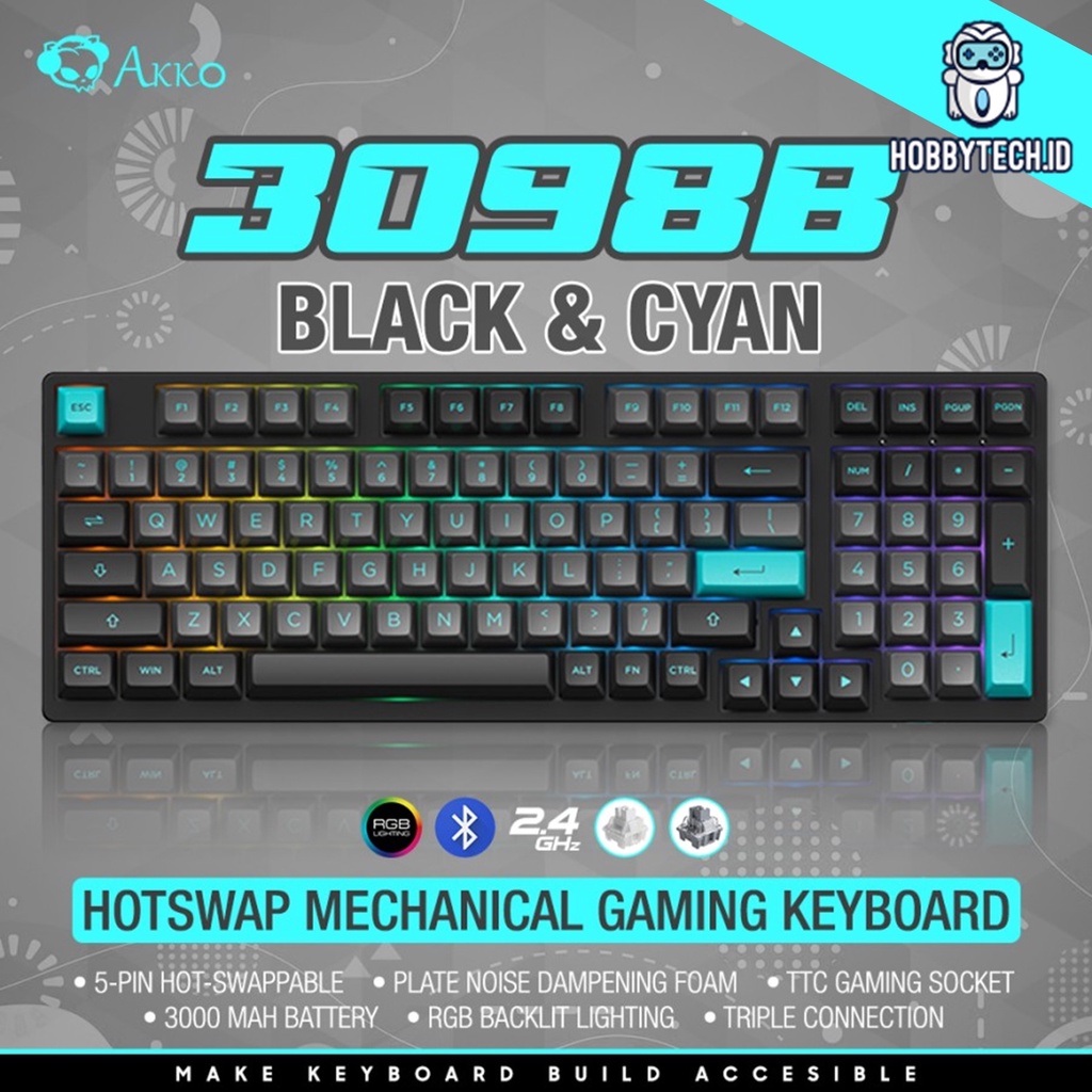 Jual Akko 3098B Black Cyan RGB Hotswap Wireless Mechanical Gaming ...