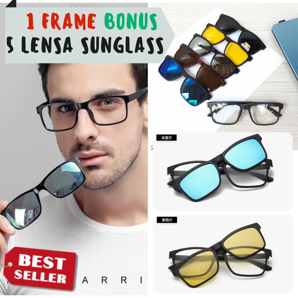 Jual Kacamata Clip on 5 Lensa Sunglass Lnesa Hitam Polarized Anti ...