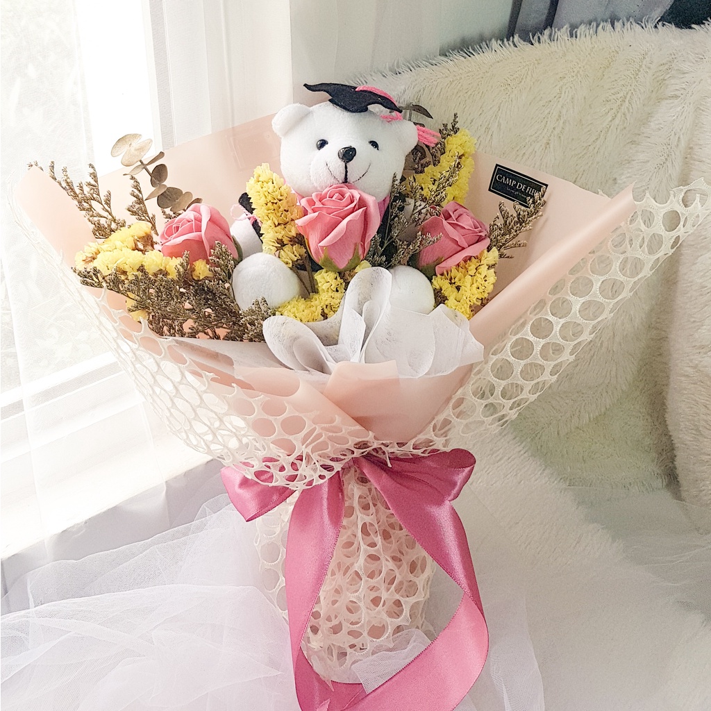 Jual 3Stems Soap Flower Dried Flower Bouquet with Graduation Doll Buket ...