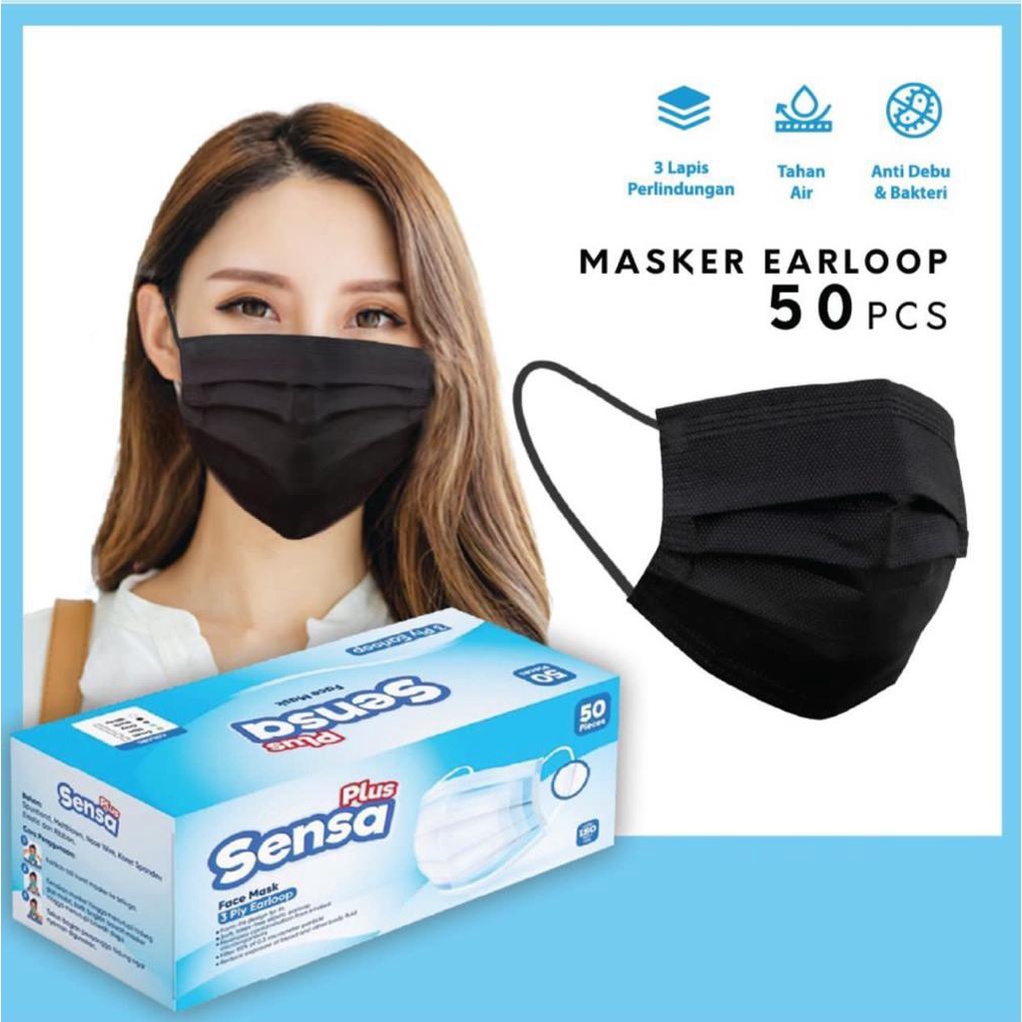 Jual MASKER EARLOOP 3PLY SENSA PLUS 1BOX ISI 50PCS / MASKER NON HIJAB ...