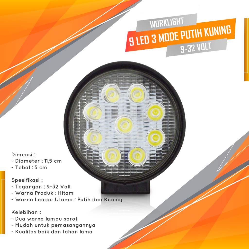Jual Lampu Sorot Work Light 9 LED 27W 3 Mode Nyala Putih Kuning ...