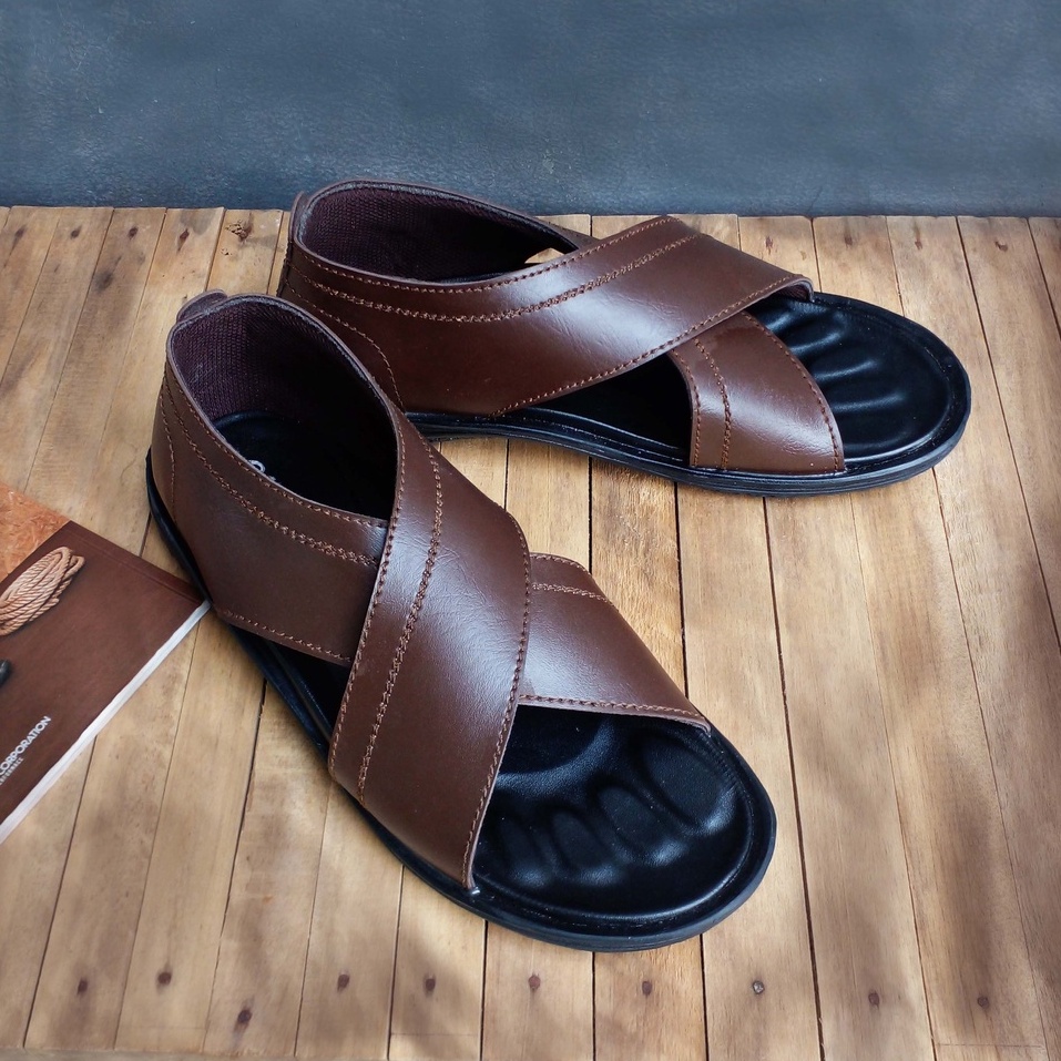 Jual Sepatu Sandal Bapak Bapak Selop Silang Kulit Brown Sandal Knip ...