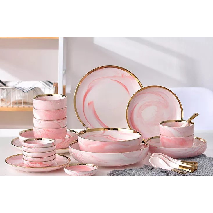 Jual Piring Set Motif Marmer Pink - Piring Estetik Pink - MARBLE PLATE ...