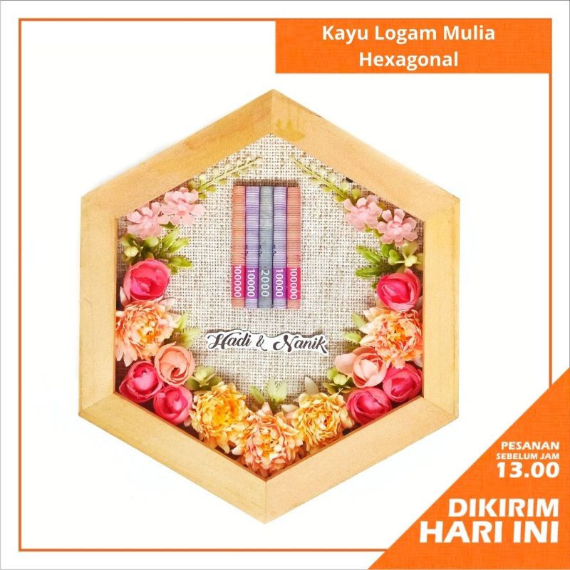 Jual Dolpin/Pigura Kayu Hexagonal Mahar Logam Mulia dan Uang Untuk Lamaran, Seserahan dan Kado ...