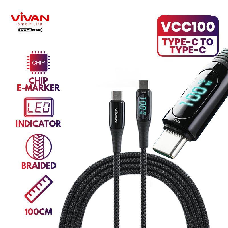 Jual Vivan Kabel Display VCC100 100W 5A Cable USB C To Type C 1M LED ...