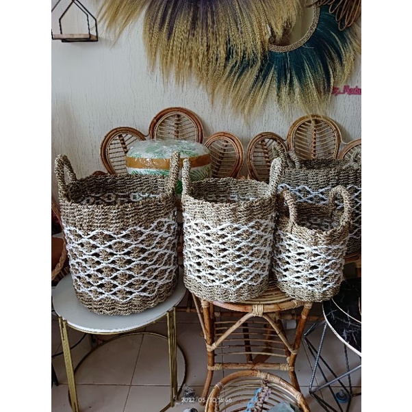 Jual keranjang anyaman seagrass jumbo set 3 in 1,keranjang laundry ...